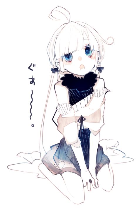 Safebooru 1girl Ahoge Arms Between Legs Bare Legs Bare Shoulders