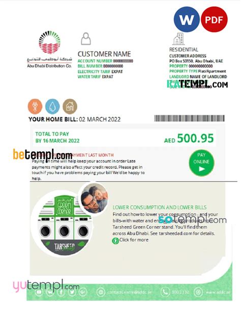 Uae Abu Dhabi Distribution Co Utility Bill Template In Word And Pdf Format
