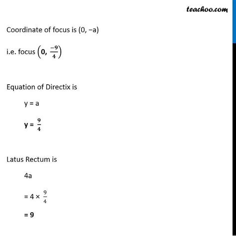 Ex 10 2 6 X2 9y Find Focus Axis Directrix Latus