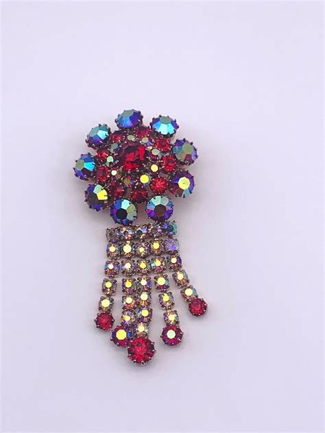 Vintage 1960s Rhinestone Dangle Brooch With Siam Red Red Cherry Ab