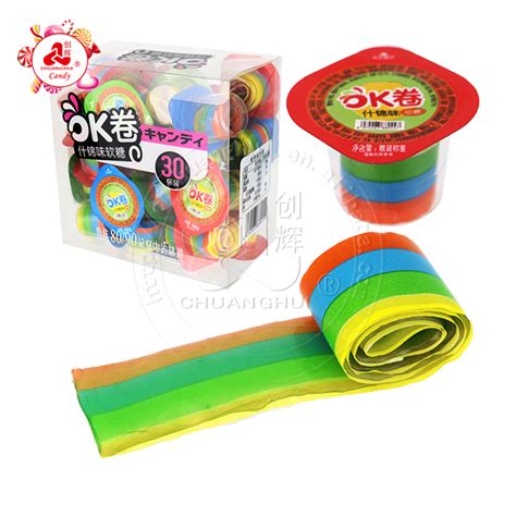 Supply Rainbow Color Ok Roll Sour Sweet Belt Candy Gummy Roll Jelly Soft Candy In Cup Ch J358