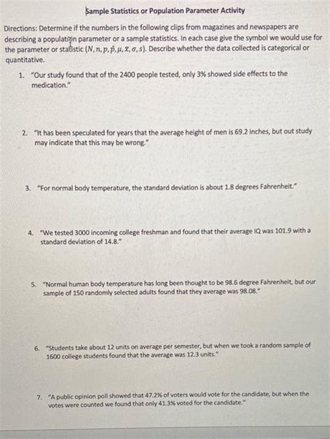 Solved Sample Statistics Or Population Parameter Activity