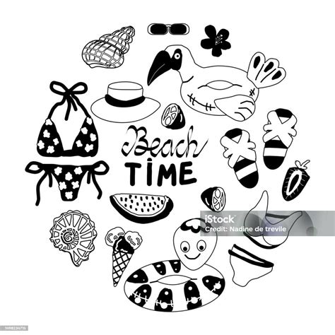 낙서 스타일의 귀여운 여름 디자인 요소 세트 레터링 비치 여름 수영 서클 수영복 슬리퍼 모자 해변 가방 조개껍데기 아이스크림의 벡터 삽화 개체 그룹에 대한 스톡 벡터 아트