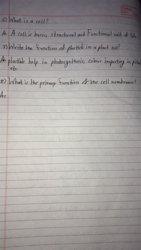 6 What Is A Cell 7 Write The Function Of Plastids In A Plant Cell 8