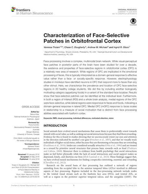Pdf Characterization Of Face Selective Patches In Orbitofrontal Cortex