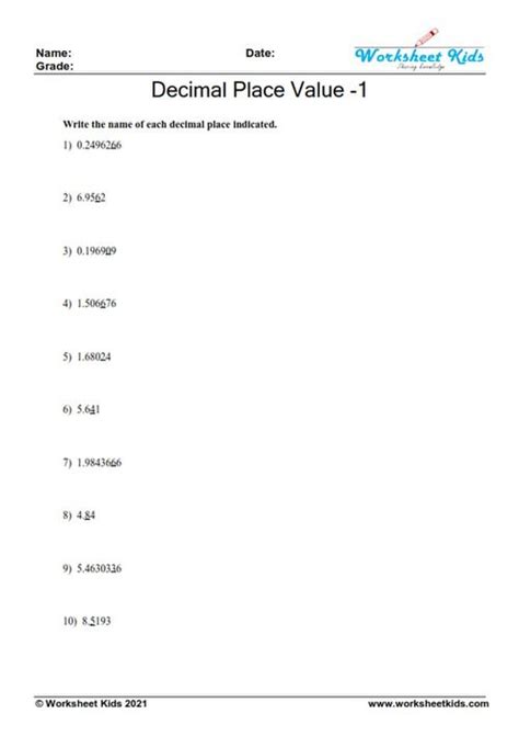 Decimal Place Value Worksheets For 5th Grade Free Printable Pdf