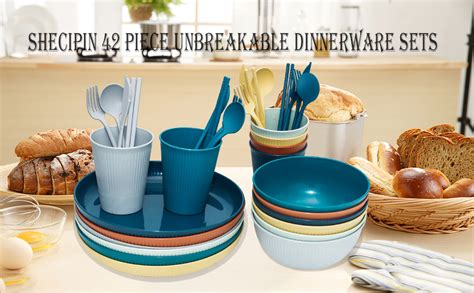 Shecipin 42pcs Wheat Straw Dinnerware Sets Unbreakable Plates And Bowls Sets Eco Friendly Non