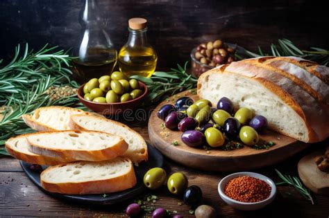 A Rustic Mediterranean Spread With Bread Olives And Cheese Mediterranean Food Life Style