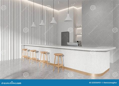 A Modern Minimalistic Bar Interior With White Walls And Four Wooden