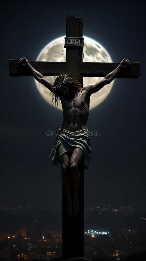 Dramatic Crucifixion Of Jesus Christ Under Moonlight Night Sky With