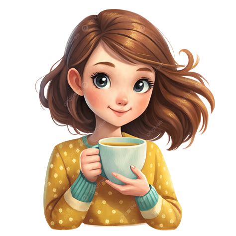 Cute Girl Drinking Tea In A Yellow Sweater Clipart Illustration Cute Girl Drinking Tea Cartoon