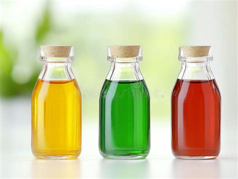 Three Small Glass Bottles Yellow Green Red Liquid Solutions In