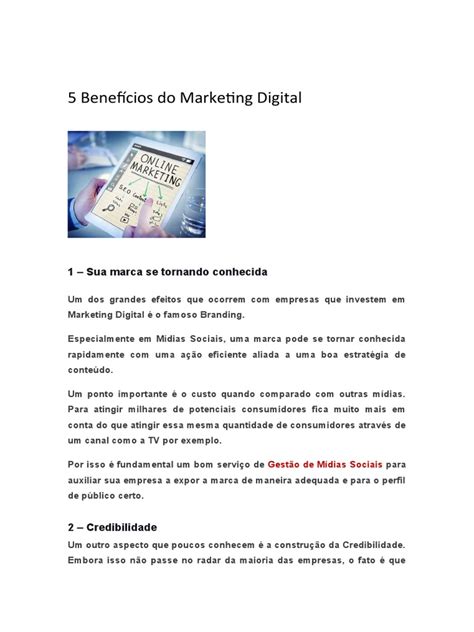 5 Benefícios Do Marketing Digital Pdf Marketing Digital Marca