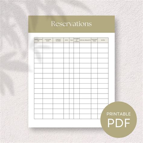 Printable Table Reservation List Restaurant Table Reservation Form