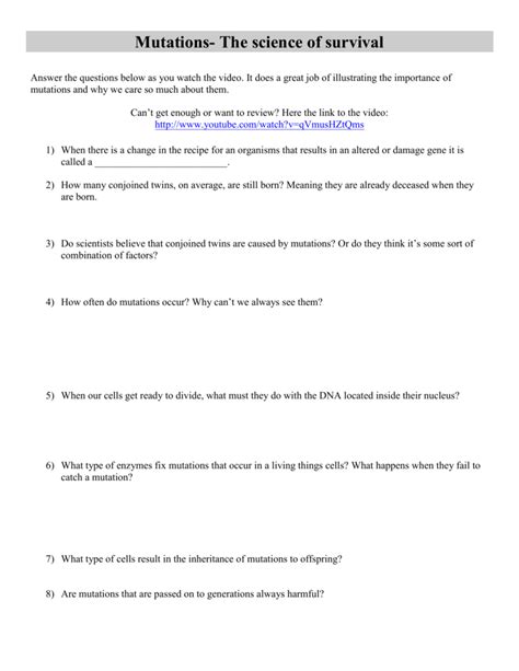 Video Worksheet Mutations Science Of Survival Answer Key