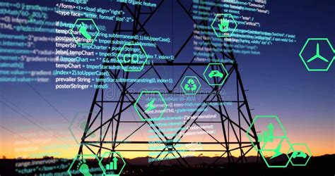 Image Of Energy Icons And Processing Data Over Electric Pylon In Sunset Landscape Stock