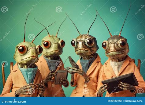Studio Group Photo Portrait Of Four Five Grasshoppers In Bright Colored