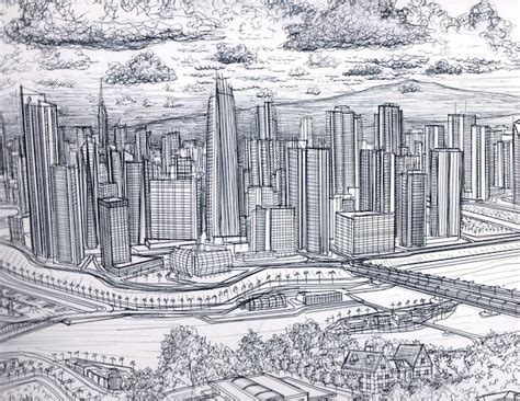 City Skyline Drawing With Pencil