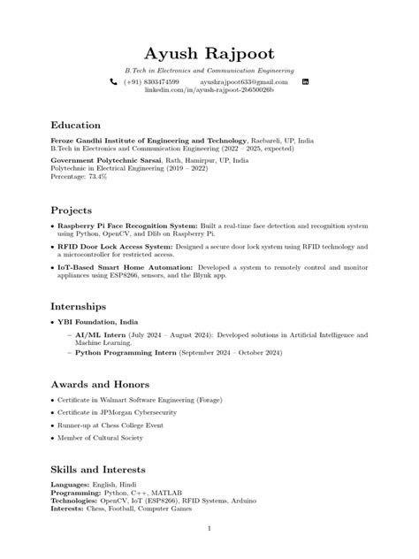 Ayush Rajpoot Electronics Engineer Profile Pdf