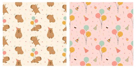 재미 있는 카피바라와 공기 풍선으로 설정된 생일 완벽 한 패턴입니다 생일 파티 섬유 배너 배경 화면 포장에 적합 벡터 배경 디자인 생일 카드에 대한 스톡 벡터 아트 및 기타