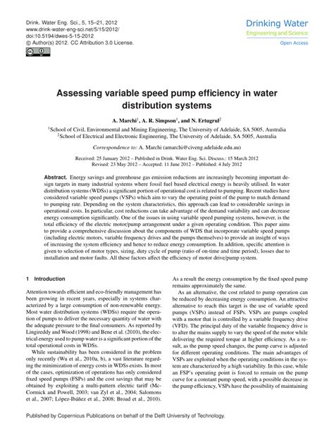 Pdf Assessing Variable Speed Pump Efficiency In Water Distribution
