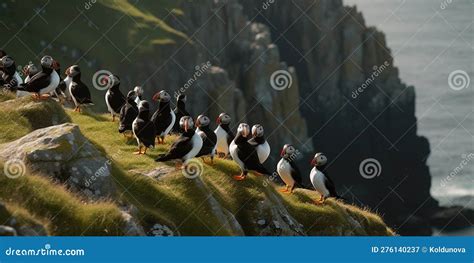 A Flock Of Puffins Perching On A Rocky Shore Ready To Dive Into The