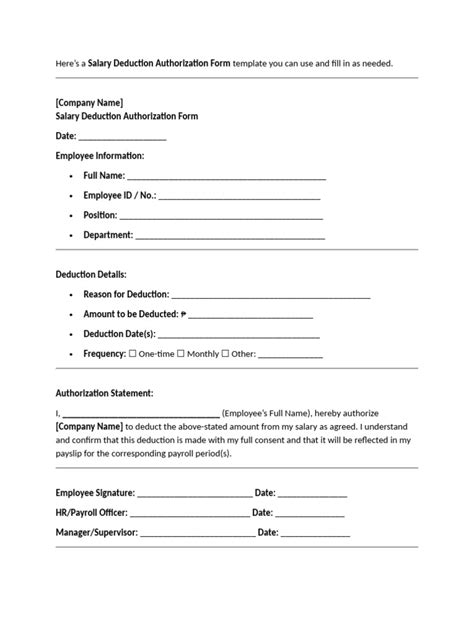 Salary Deduction Authorization Form Template Pdf