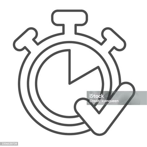 스톱워치 타이머 및 체크 표시 얇은 선 아이콘 프로젝트 일정 개념 벡터 그래픽입니다 흰색 배경에 작업 완료 성공 표시가 있는 시계 모바일 또는 웹 디자인을 위한 개요 스타일