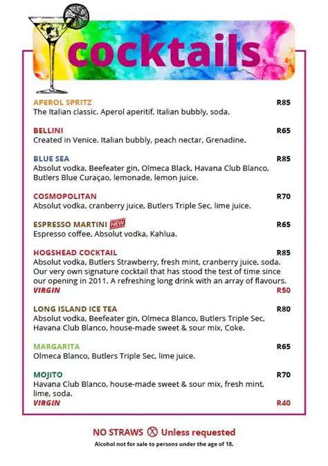 Menu Au Hogshead Pub Et Bar Pretoria