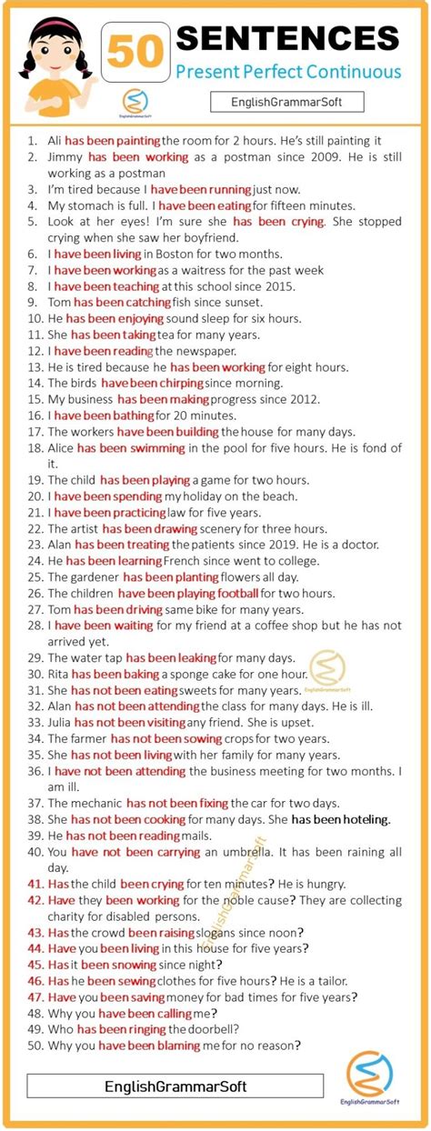 Present Perfect Continuous Tense Sentences 50 Examples