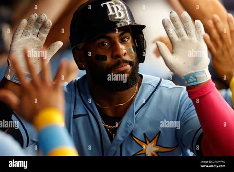 Tampa Bay Rays Yandy Diaz Celebrates In The Dugout After Hitting A Two Run Home Run Against The