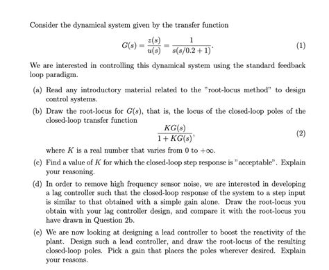 Solved Consider The Dynamical System Given By The Transfer