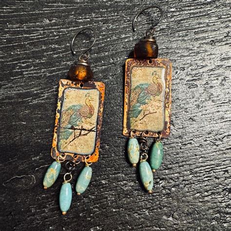 Tribal Bohemian Ceramic Clay Assemblage Dangle Earrings Mustard Gold