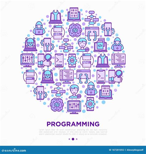 Programming Concept In Circle With Thin Line Icons Developer Code Algorithm Technical