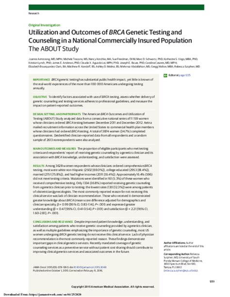 Pdf Utilization And Outcomes Of Brca Genetic Testing And Counseling