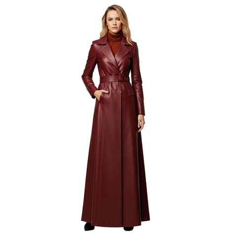 Handmade Genuine Maroon Leather Trench Long Coat Women Full Length