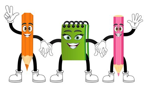 Cute Mascot Pencil Notepad Characters Standing Together And Waving With