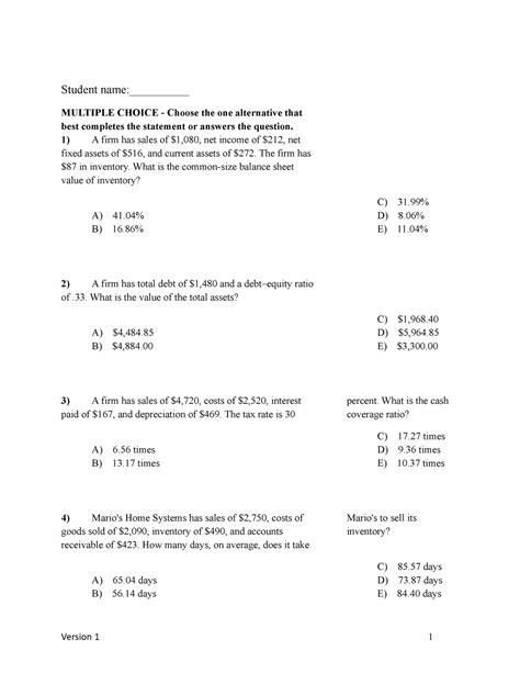 Chapter Test Bank Algo Version Babe Name MULTIPLE CHOICE Choose The One