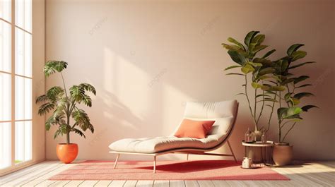 생동감 넘치는 연어색 빨간색 라운지 의자 커피 테이블과 무성한 식물 아름다운 3d 렌더링을 갖춘 현대적인 베이지색 인테리어 포스터 프레임 프레임 모형 라이트 룸 배경