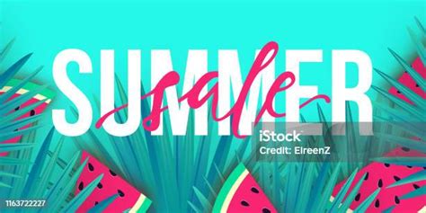 벡터 여름 판매 유행 배너입니다 열대 야자수 잎과 수박 조각과 현대 다채로운 배경 0명에 대한 스톡 벡터 아트 및 기타 이미지