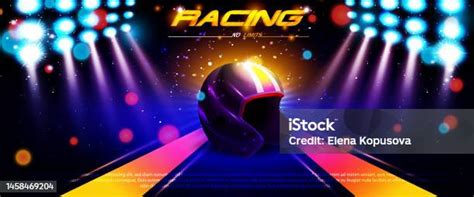 만화 스타일의 스포츠와 승리 개념 경주 헬멧으로 경주 트랙 결승선과 추상적 인 색 배경에 텍스트를 배치합니다 1위에 대한 스톡