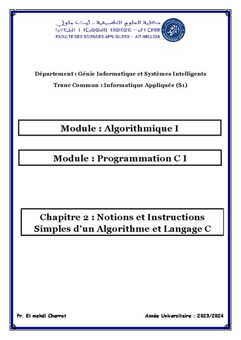 Chapitre Notions Et Instructions Simples Dun Algorithme Et Langage C RPr El Mehdi