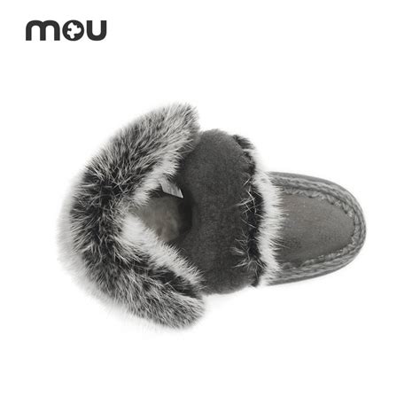 Mou冬季女士奢华兔毛缎带中筒羊皮毛一体雪地靴女鞋虎窝淘