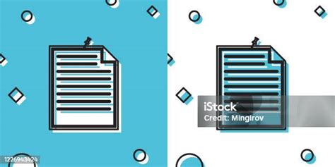 파란색과 흰색 배경에 격리 된 고정 된 푸시 버튼 아이콘이있는 검은 색 노트 용지 메모 용지 기호입니다 임의 동적 셰이프 벡터