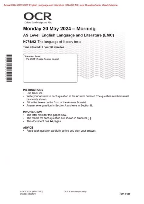 Actual 2024 OCR GCE English Language And Literature H074 02 The Language Of Literarytexts AS