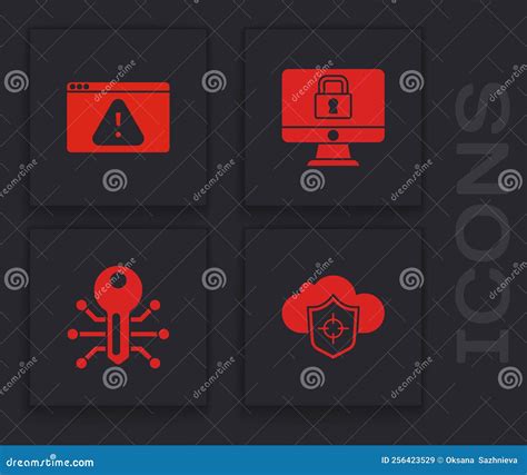 Set Cloud And Shield Browser With Exclamation Mark Lock Monitor And