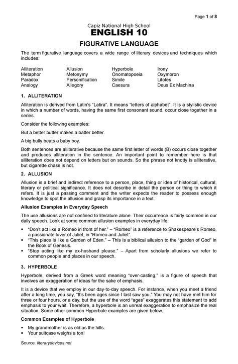 Figurative Language Lecture Notes Capiz National High School English