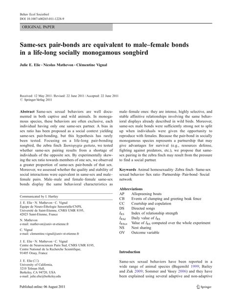 Pdf Same Sex Pair Bonds Are Equivalent To Male Female Bonds In A Life Long Socially Monogamous