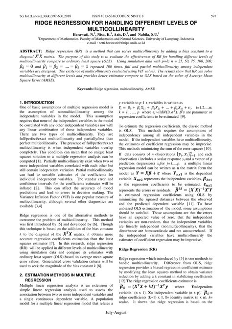 Pdf Ridge Regression For Handling Different Levels Of Multicollinearity