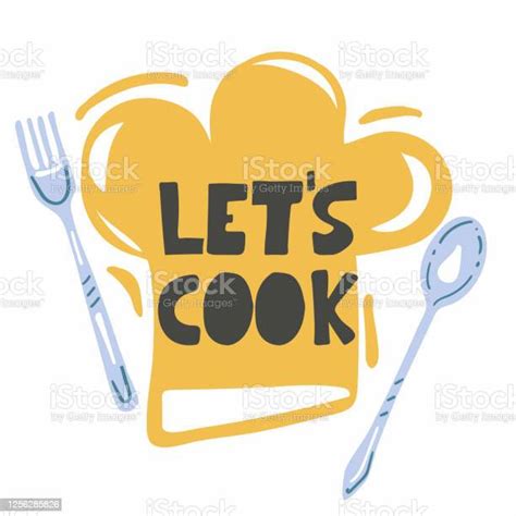 요리하자 카페 나 레스토랑 메뉴 요리 수업 및 학교 실루엣 플랫 벡터 일러스트 라벨 스티커 또는 로고포크와 숟가락 손으로 그린 스타일 포스터와 문자 요리하기 음식 준비에